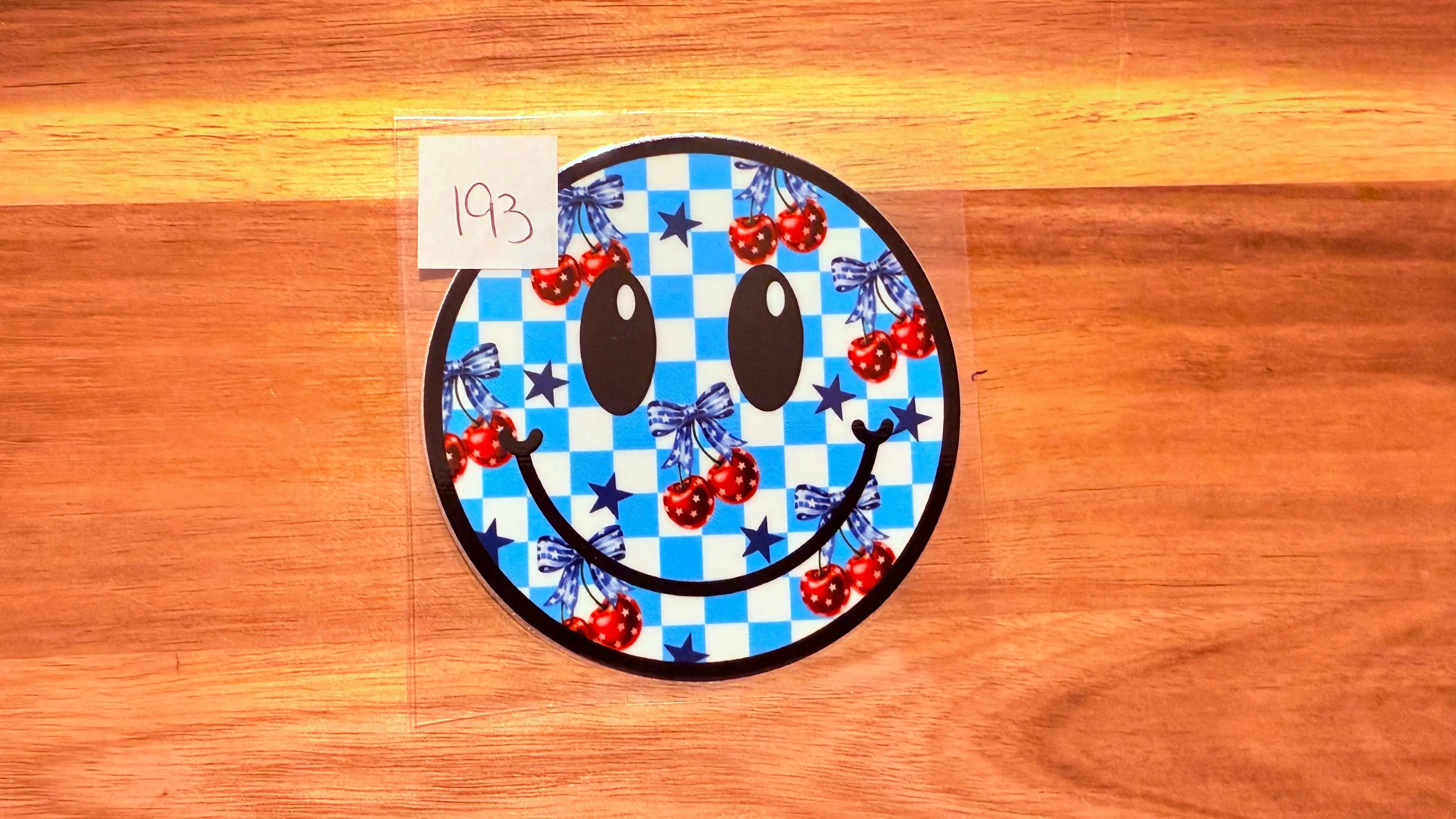 #193 Blue checkered smiley with cherries – K's Krafty Barn